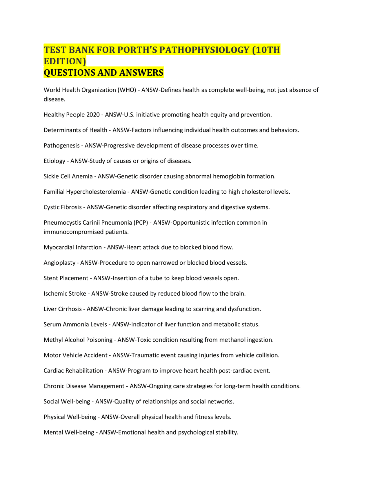 Porth's Pathophysiology Test Bank: Questions and Answers (10th Edition ...