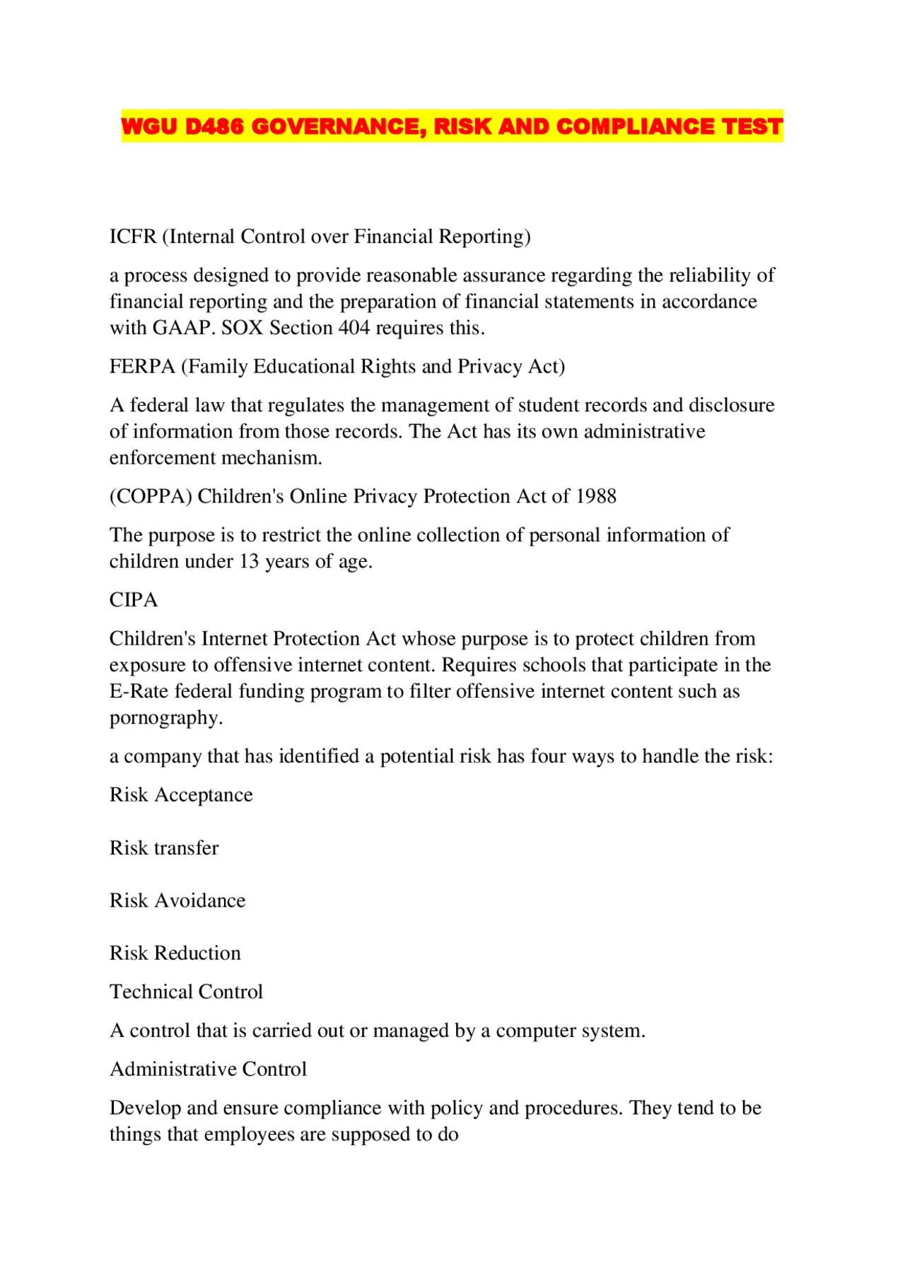 WGU D486 GOVERNANCE, RISK AND COMPLIANCE TEST. | Exams Advanced ...
