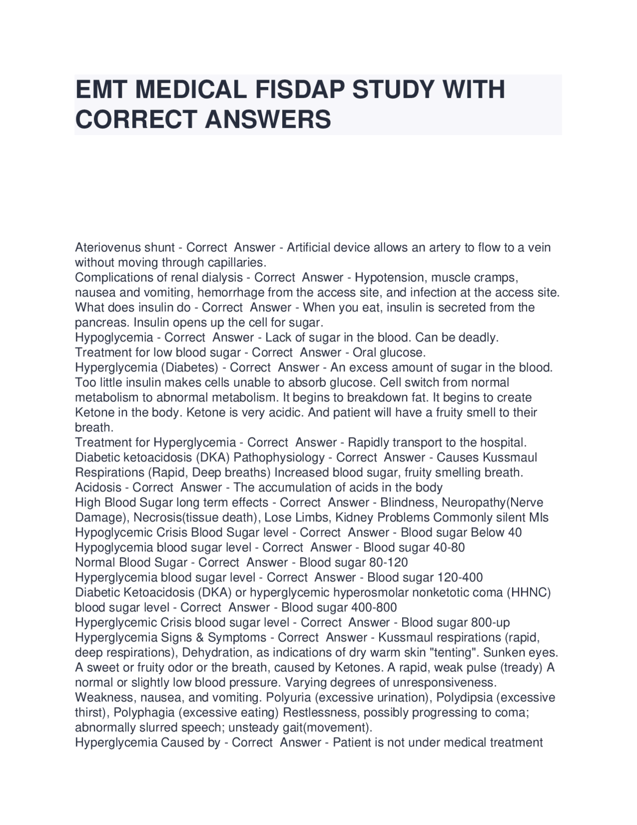 EMT MEDICAL FISDAP STUDY WITH CORRECT ANSWERS.docx | Exams Nursing | Docsity