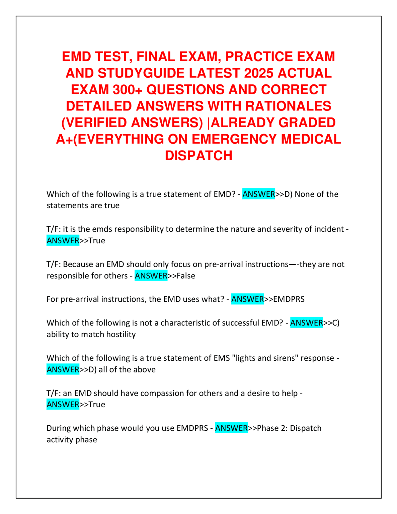 EMD TEST, FINAL EXAM, PRACTICE EXAM AND STUDYGUIDE LATEST 2025 ACTUAL ...