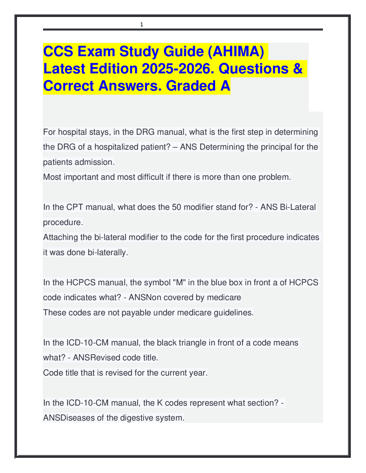 CCS Exam Study Guide (AHIMA) Latest Edition 2025-2026. Questions ...