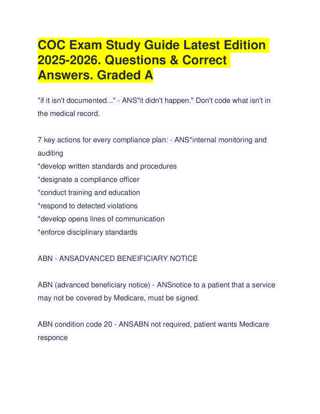 COC Exam Study Guide Latest Edition 2025-2026. Questions & Correct ...