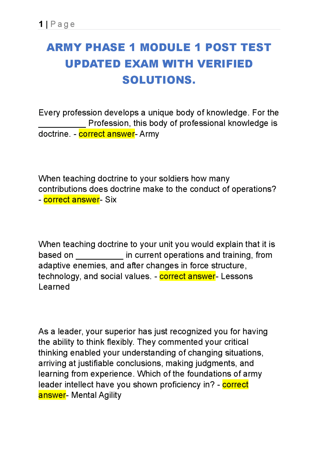 Army Phase 1 Module 1 Post Test with Verified Solutions | Exams ...