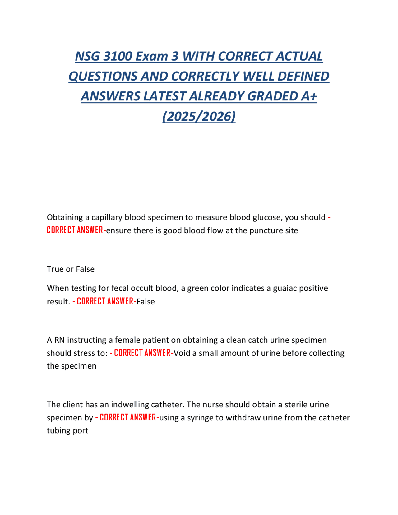 NSG 3100 Nursing Exam 3: Questions and Correct Answers (2025/2026 ...