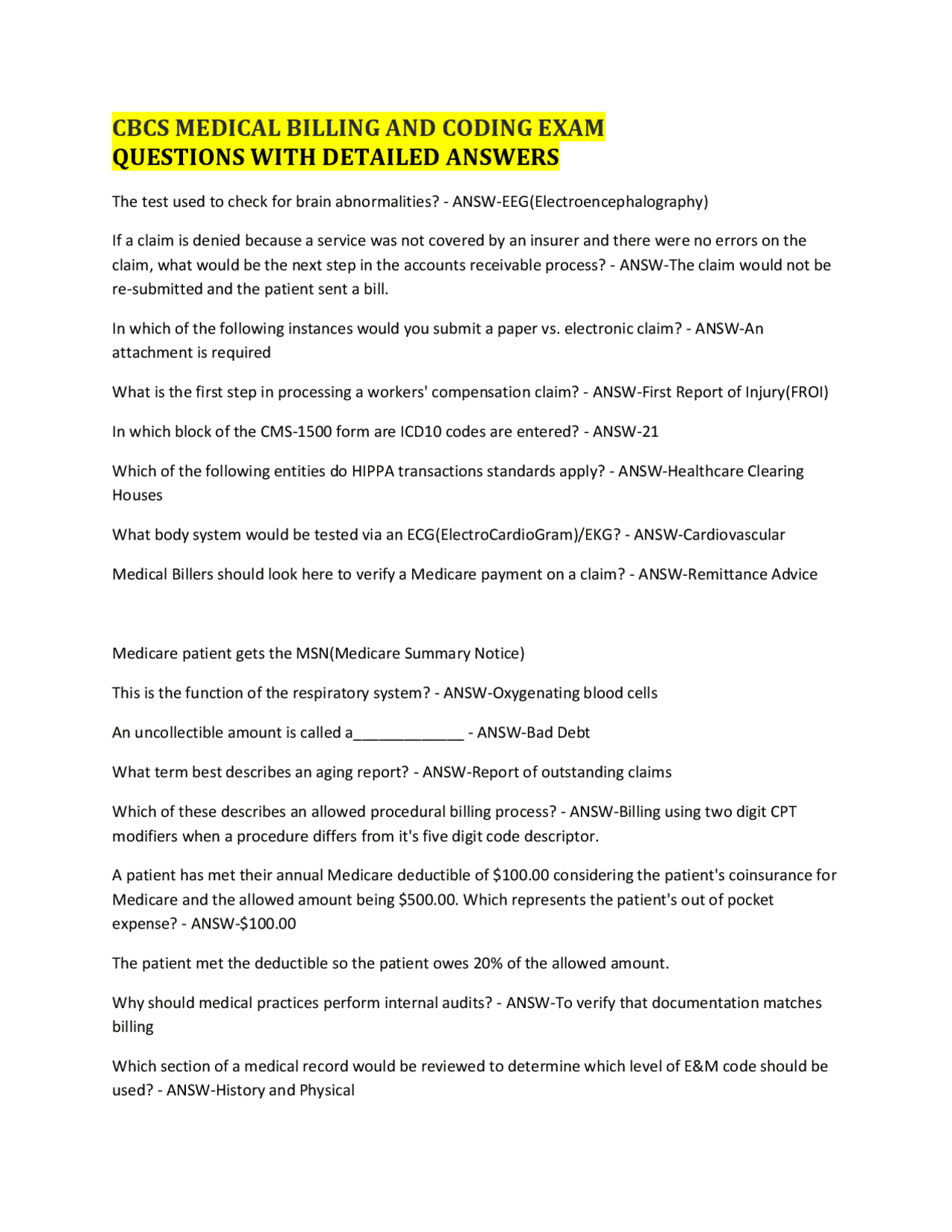 Medical Billing and Coding Exam Questions with Detailed Answers | Exams ...