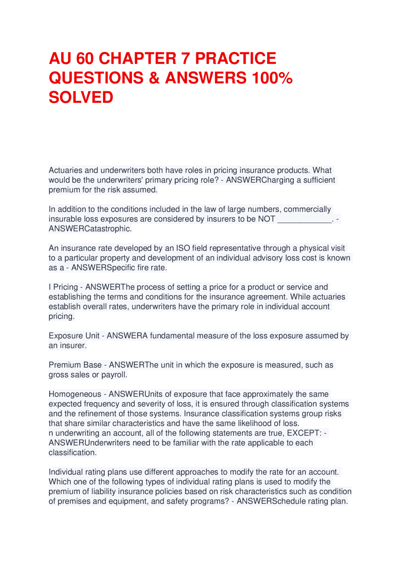 AU 60 CHAPTER 7 PRACTICE QUESTIONS & ANSWERS 100% SOLVED | Exams Advanced Education | Docsity