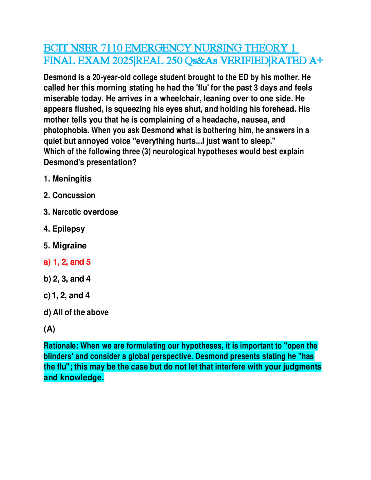 BCIT NSER 7110 EMERGENCY NURSING THEORY 1 FINAL EXAM 2025|REAL 250 Qs ...