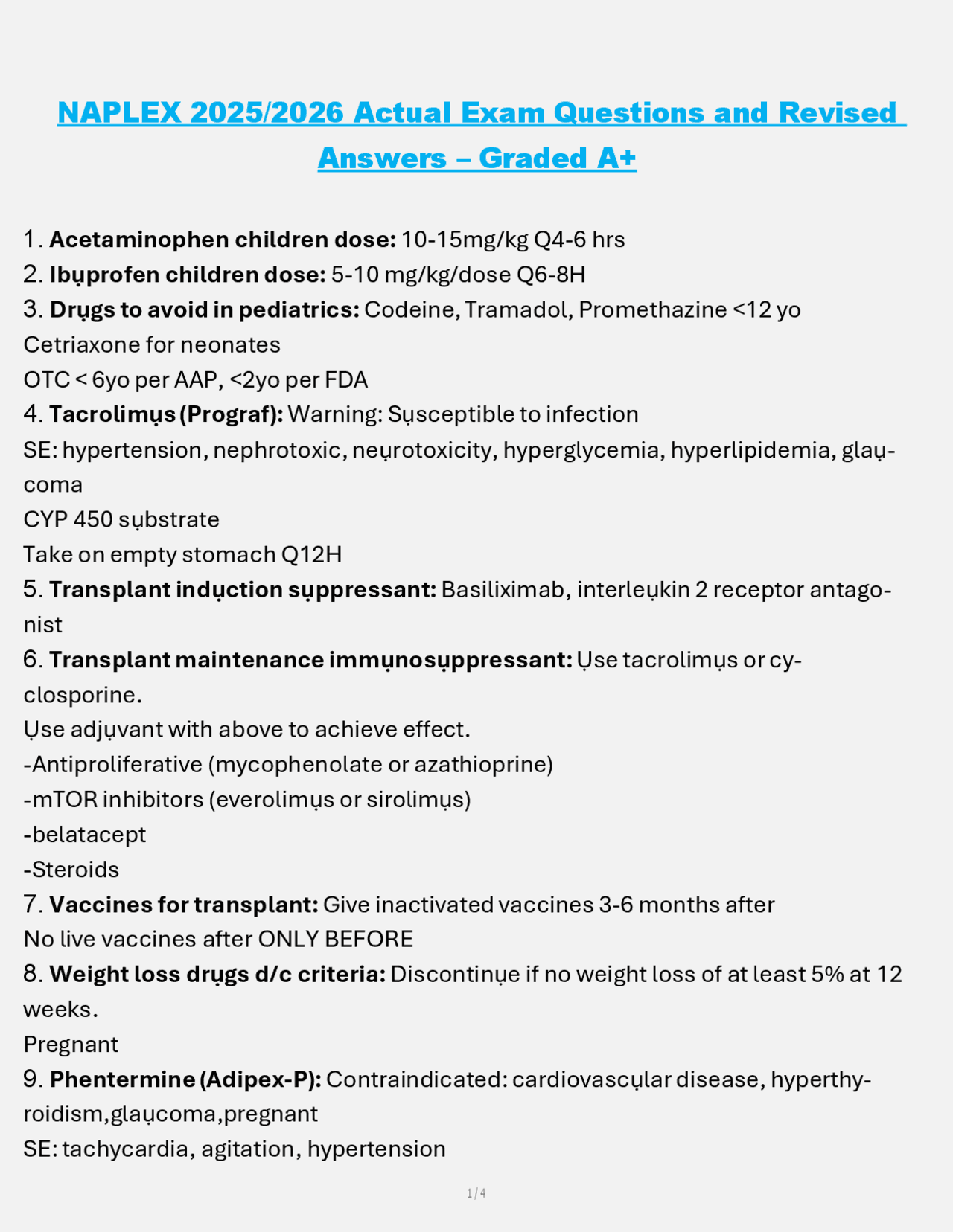 NAPLEX Exam Questions and Answers 2025/2026 | Exams Nursing | Docsity