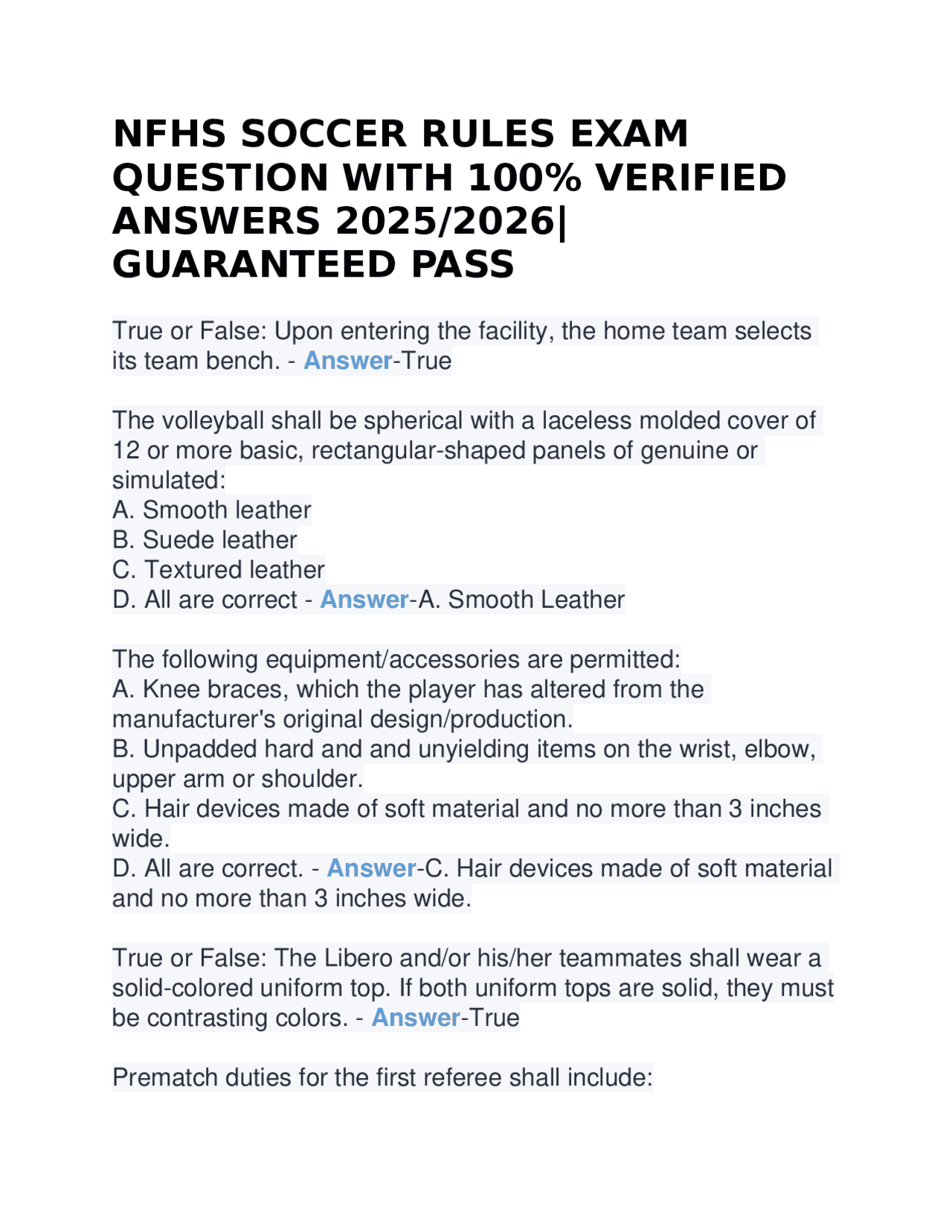 NFHS Soccer Rules Exam: Questions and Verified Answers 2025/2026 ...