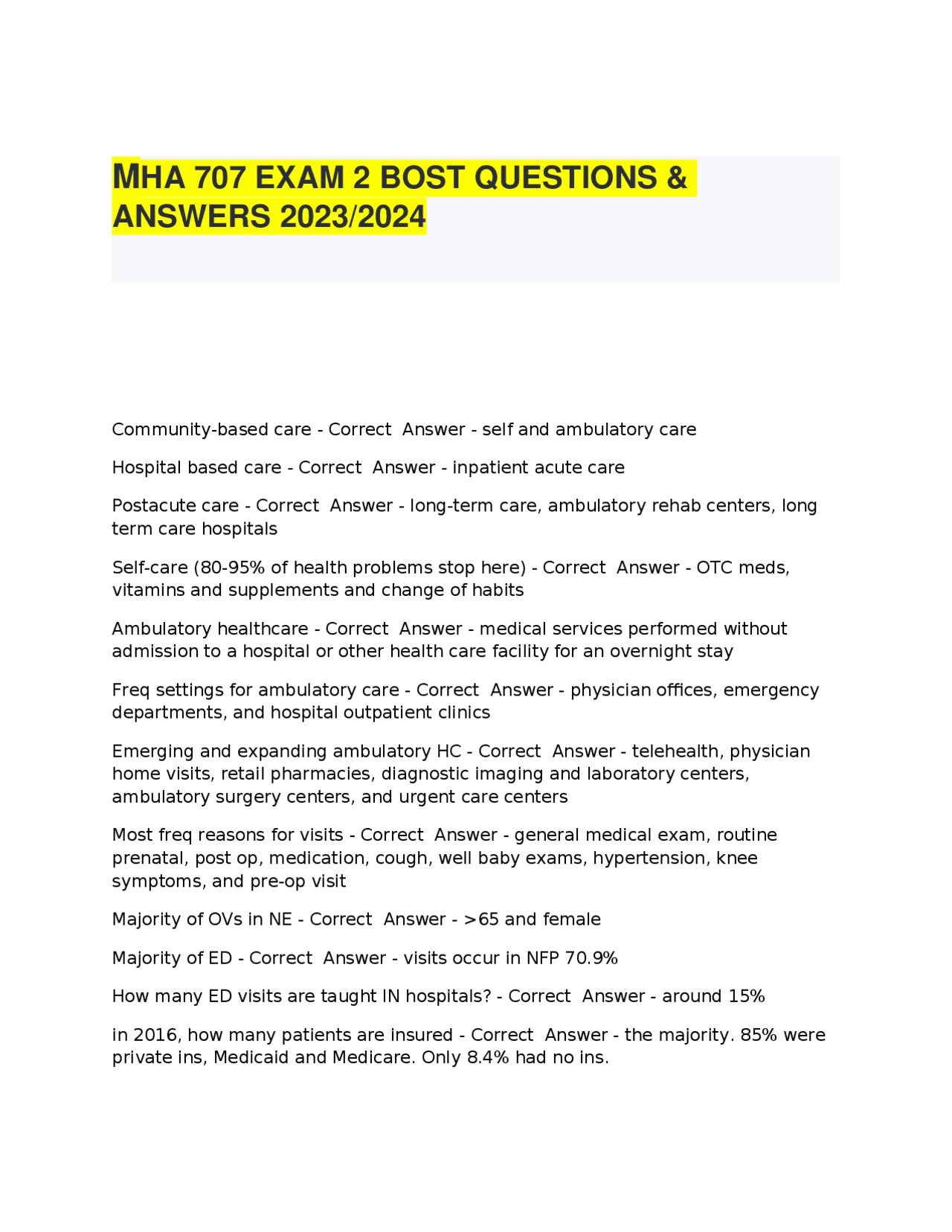 MHA 707 Exam 2: Questions and Answers 2023/2024 | Exams Nursing | Docsity