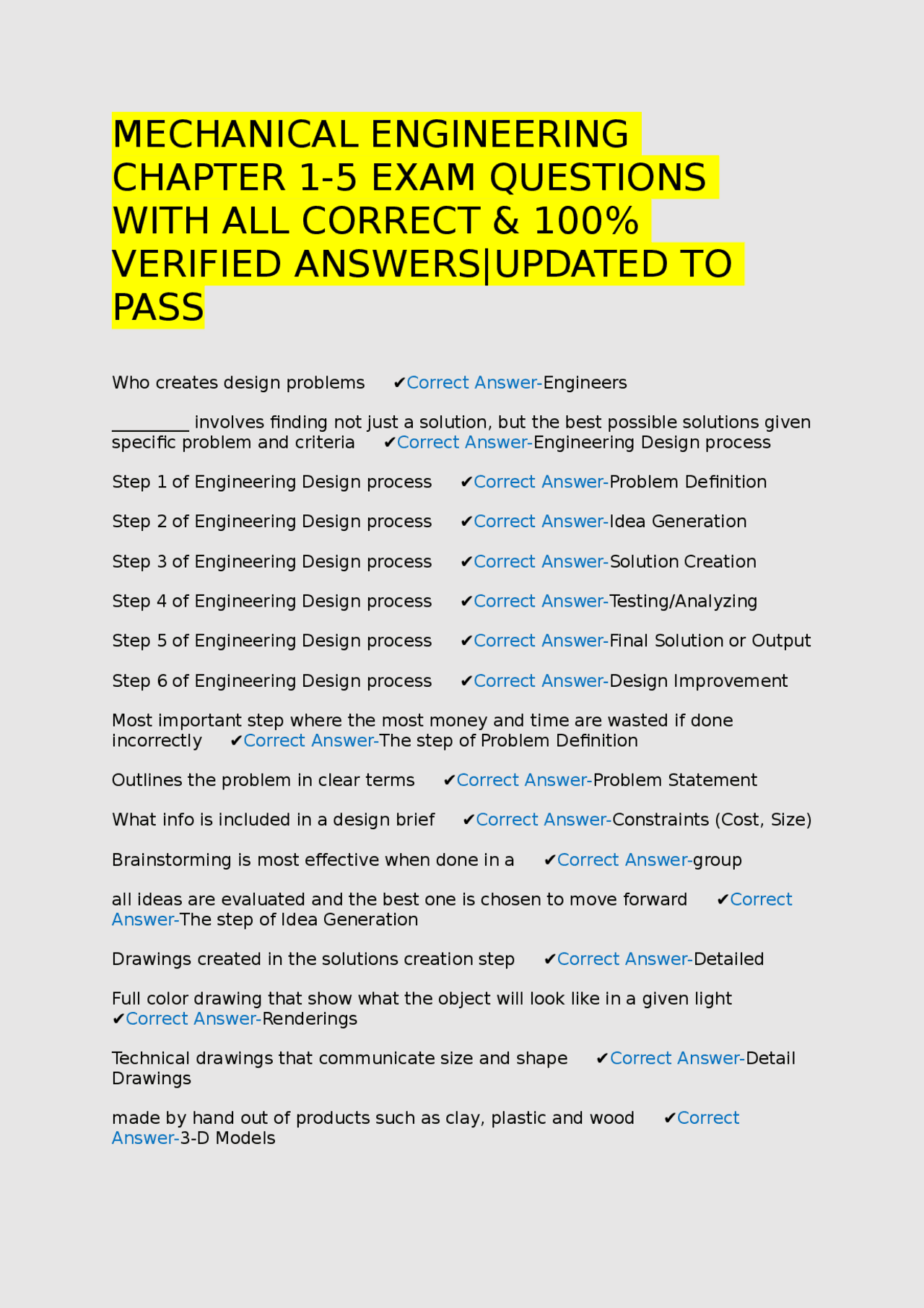 MECHANICAL ENGINEERING CHAPTER 1-5 EXAM QUESTIONS WITH ALL CORRECT ...