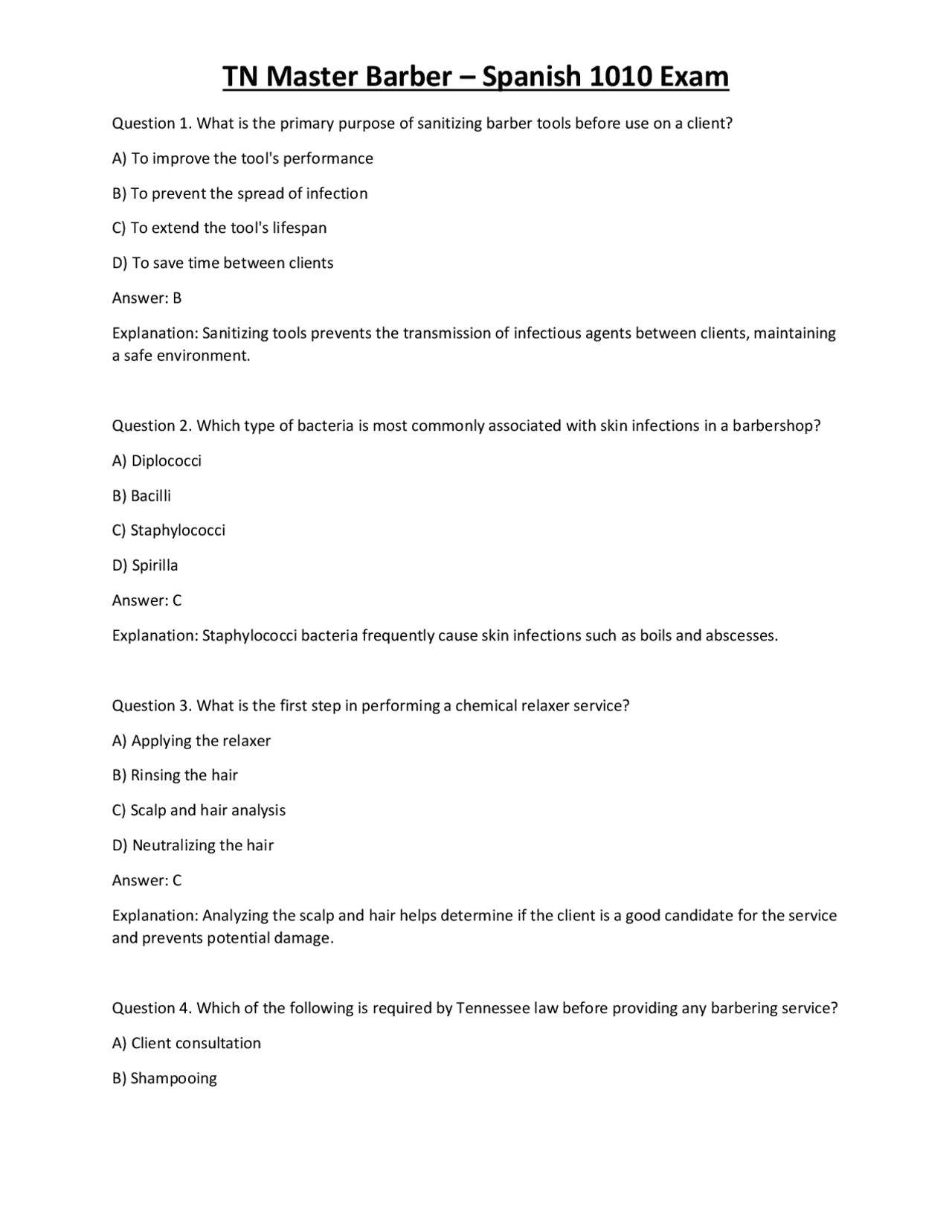 TN Master Barber Exam: Spanish 1010 Practice Questions | Exams ...