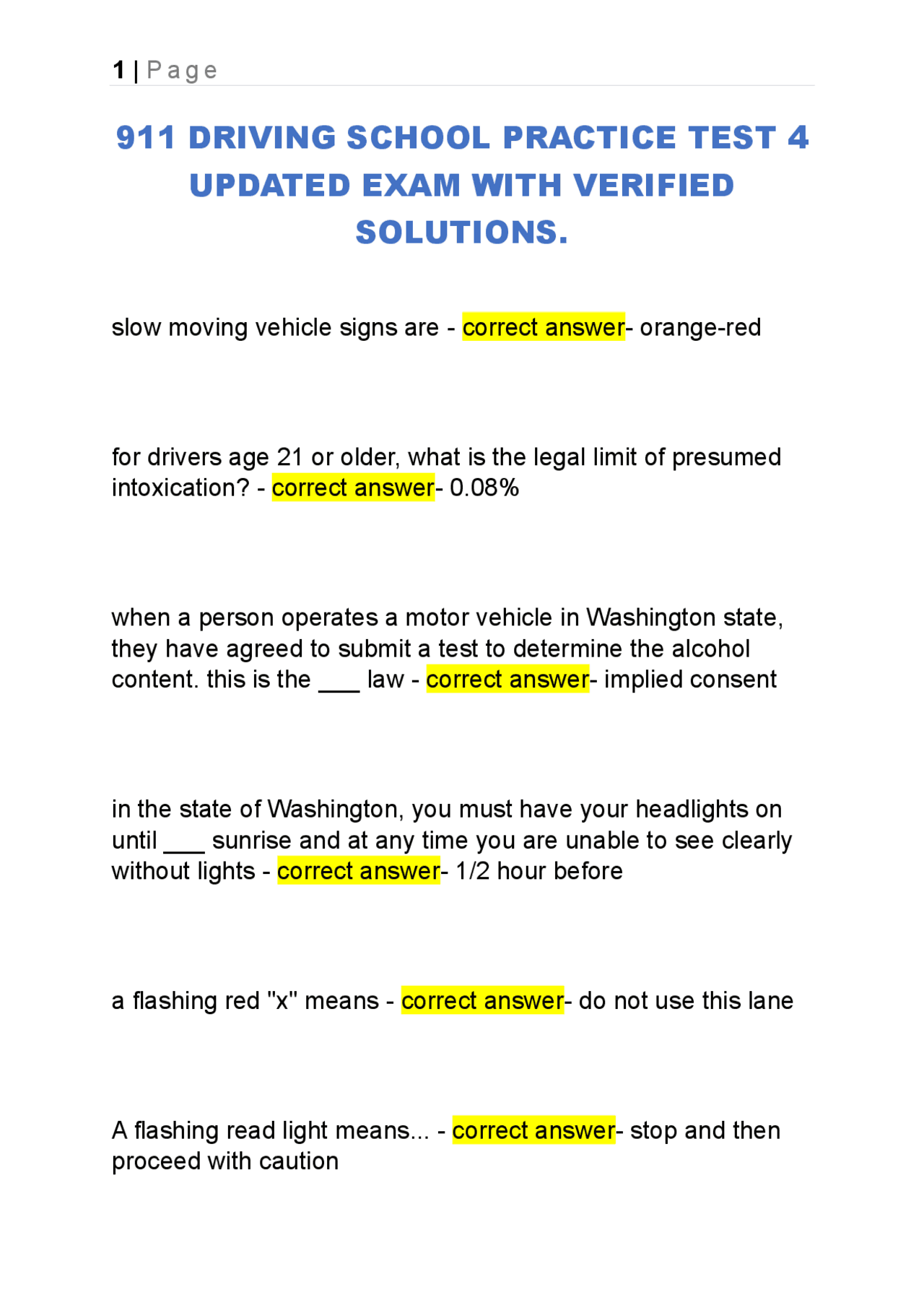 911 Driving School Practice Test: Updated Exam with Verified Solutions ...