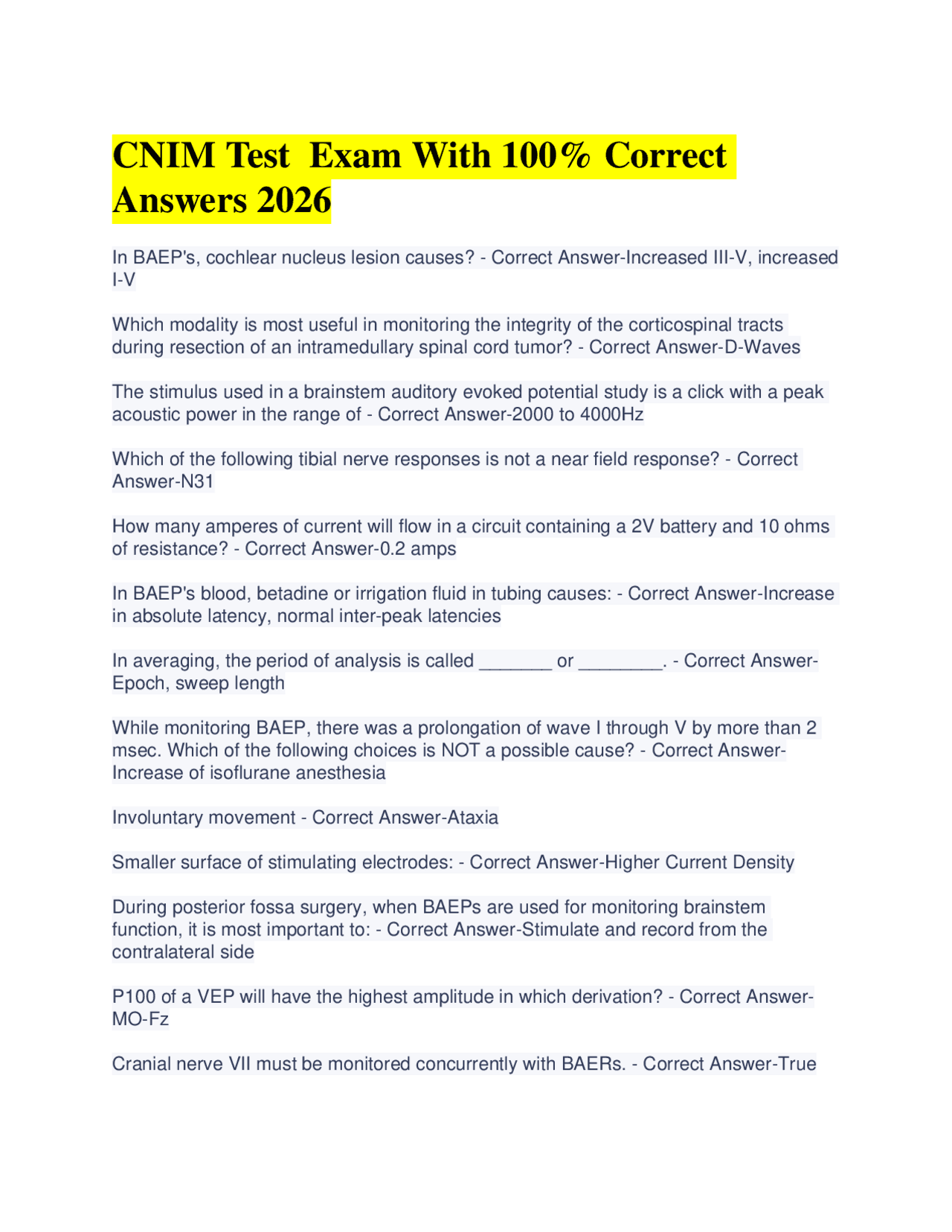 CNIM Test Exam With 100% Correct Answers 2026 | Exams Advanced ...