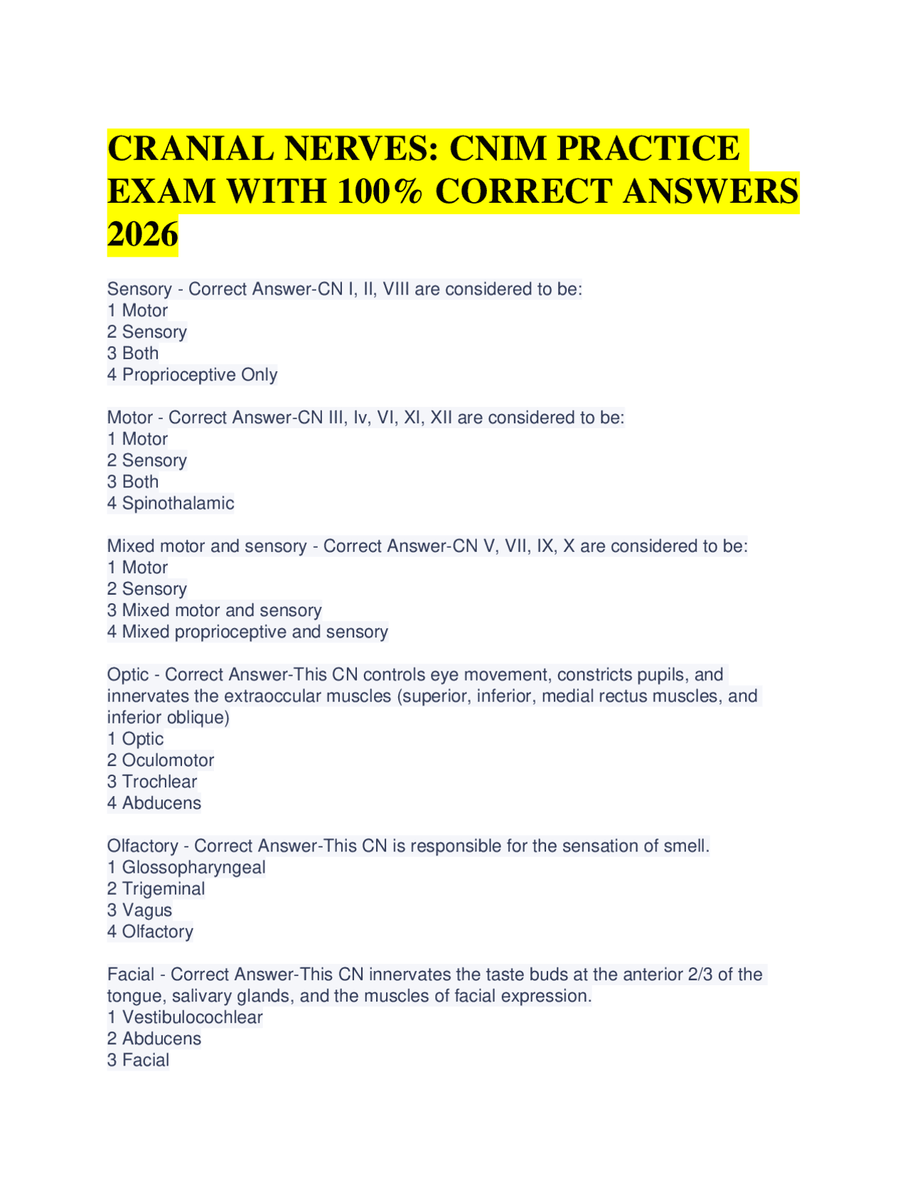 CRANIAL NERVES: CNIM PRACTICE EXAM WITH 100% CORRECT ANSWERS 2026 ...
