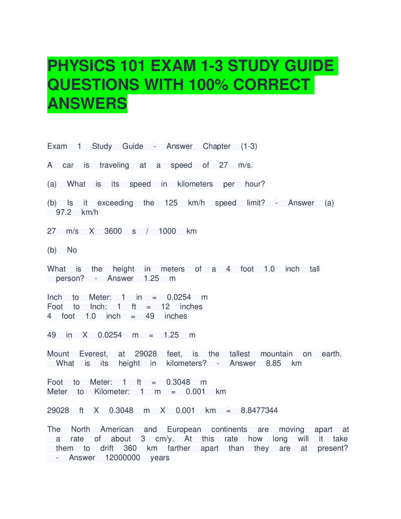 PHYSICS 101 EXAM 1-3 STUDY GUIDE QUESTIONS WITH 100% CORRECT ANSWERS ...