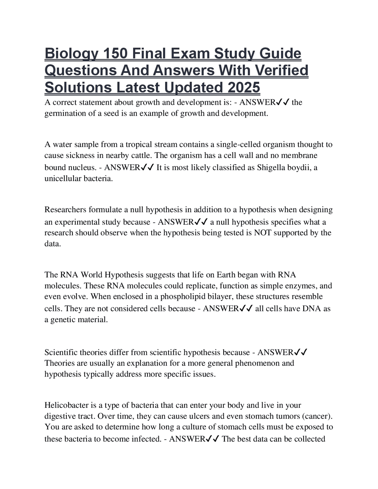 Biology 150 Final Exam Study Guide: Q&A with Verified Solutions | Exams ...