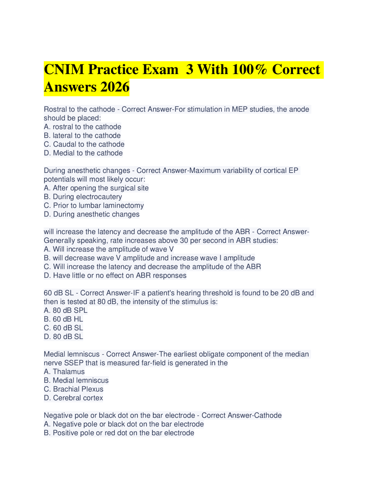 CNIM Practice Exam 3 With 100% Correct Answers 2026 | Exams Advanced ...