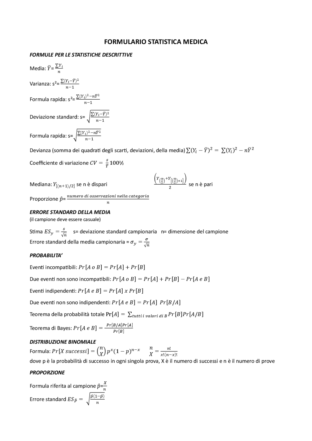 Formulario di Statistica Medica: Formule Essenziali | Formulari di ...