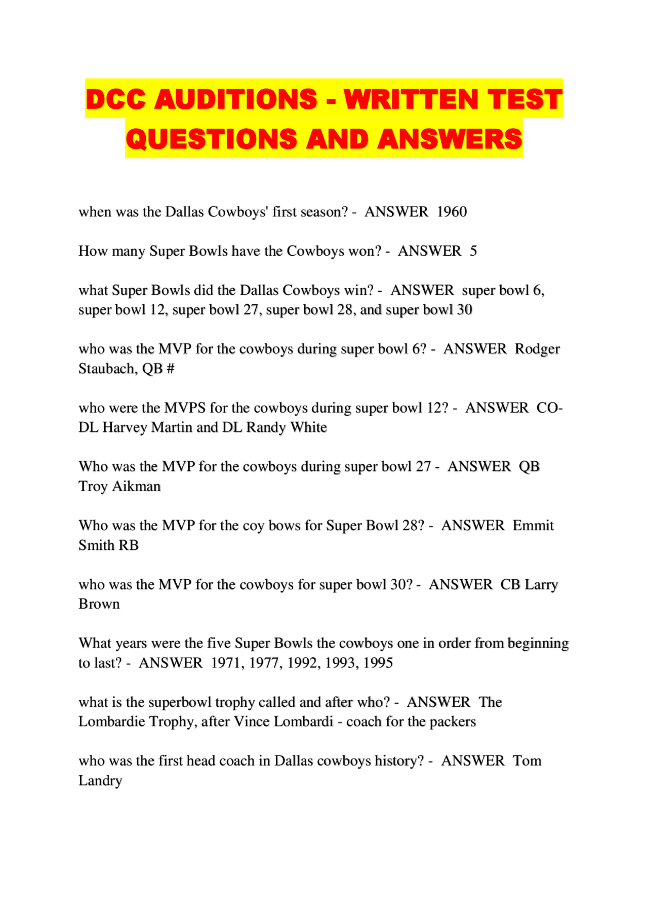 Dallas Cowboys Trivia: DCC Auditions Written Test Q&A | Exams Advanced ...