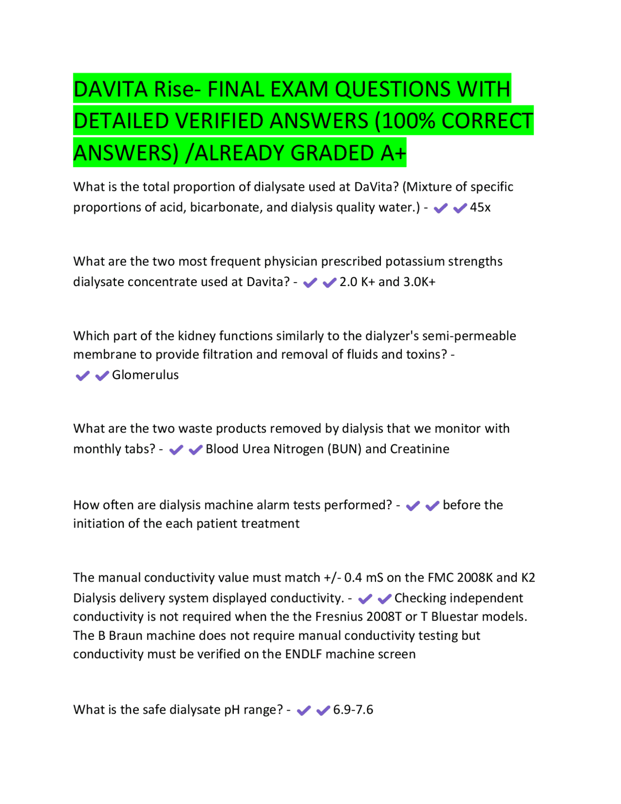 DaVita Dialysis Exam Questions and Answers: Comprehensive Study Guide ...