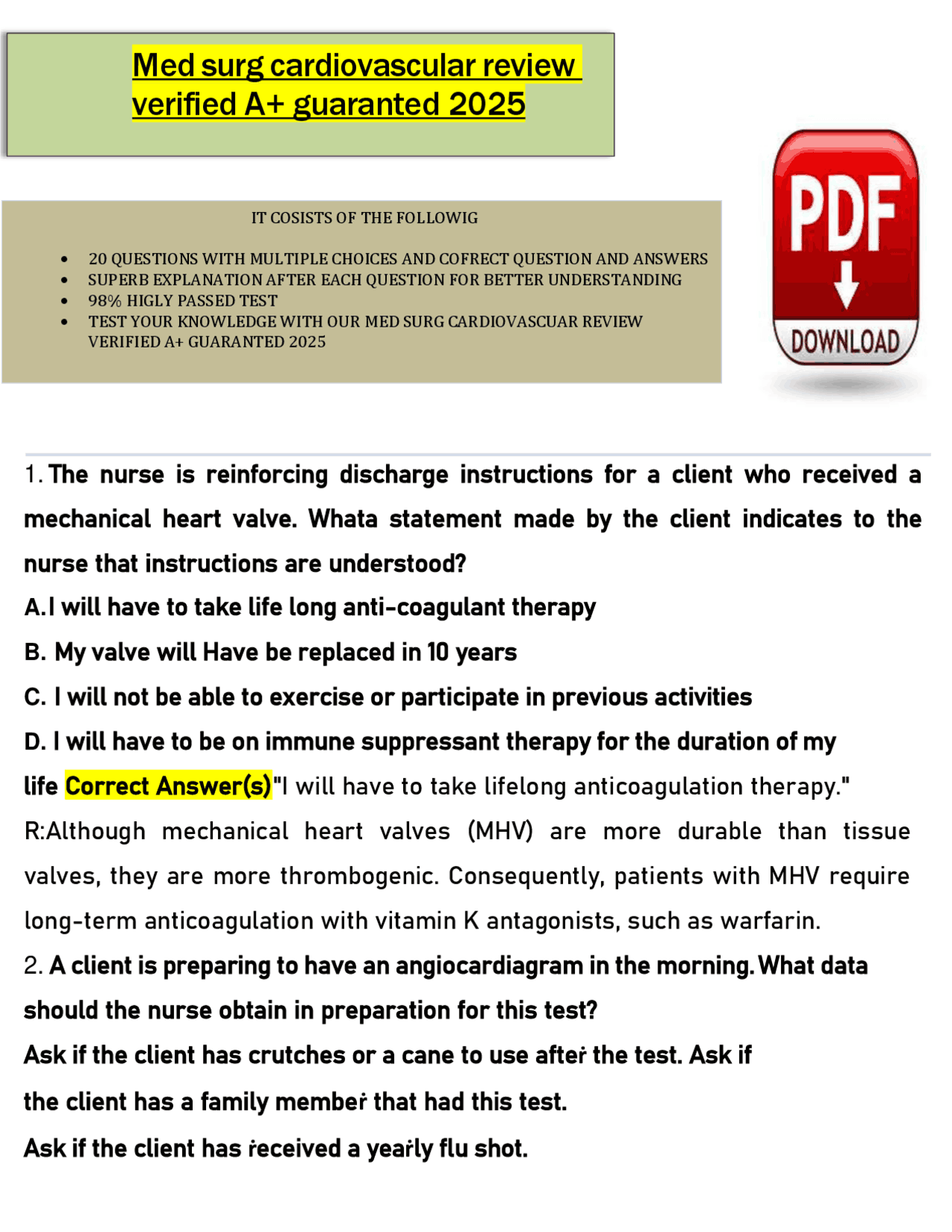 Med-Surg Cardiovascular Review: Multiple Choice Questions and Answers ...