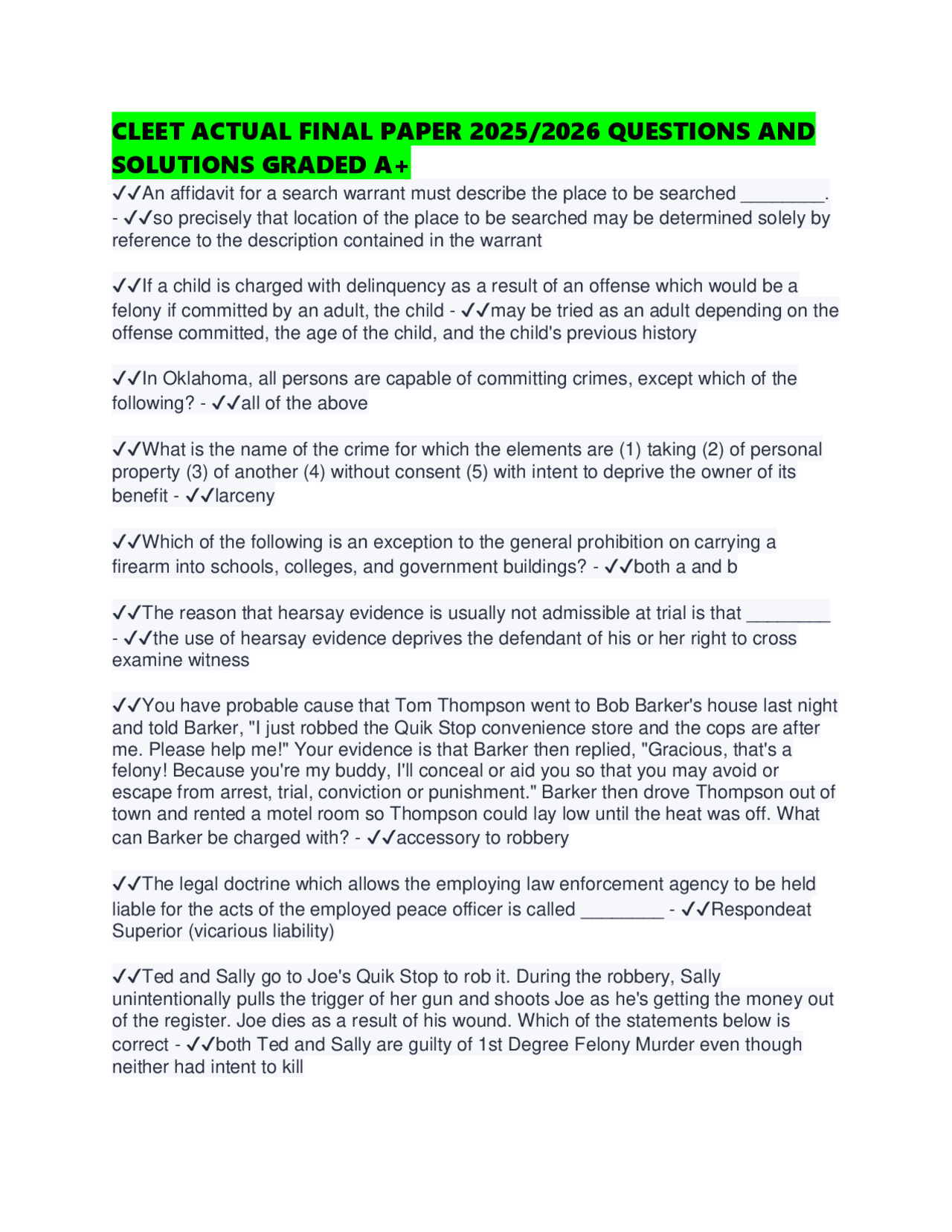 CLEET ACTUAL FINAL PAPER 2025/2026 QUESTIONS AND SOLUTIONS GRADED A+ ...