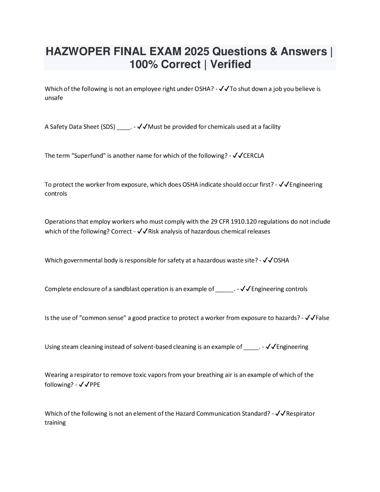 HAZWOPER FINAL EXAM 2025 Questions & Answers | 100% Correct | Verified ...