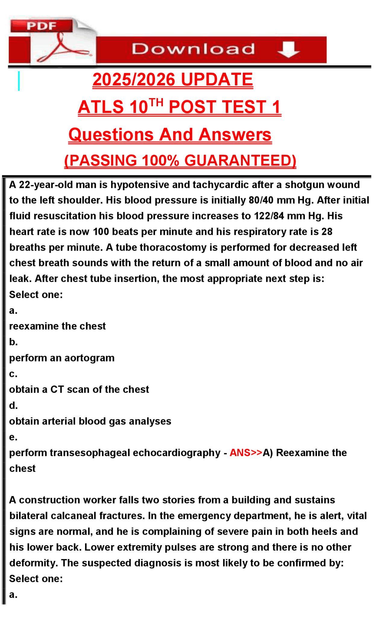 ATLS 10th Edition Post Test 1 Questions And Answers 2025/2026 UPDATE ...