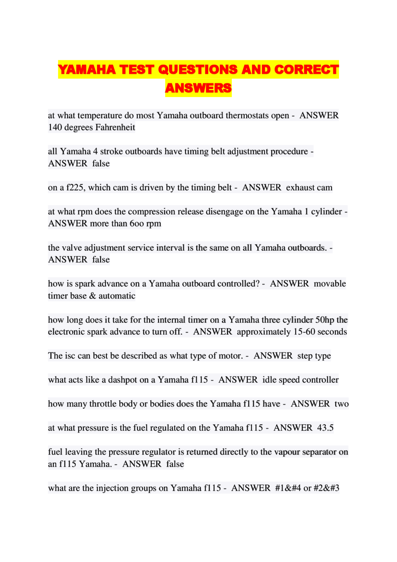 Yamaha Outboard Engine Test Questions and Answers | Exams Advanced ...