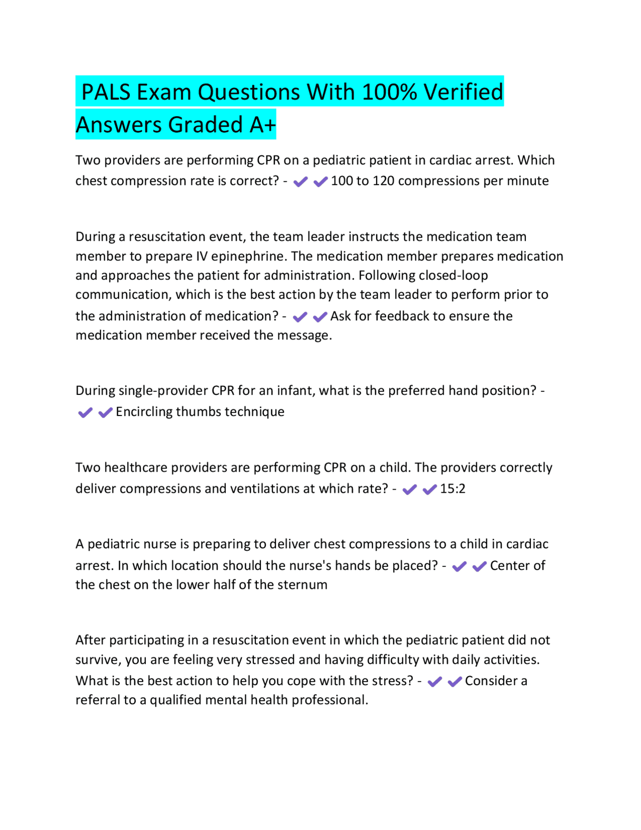 PALS Exam Questions and Answers: Pediatric Advanced Life Support ...