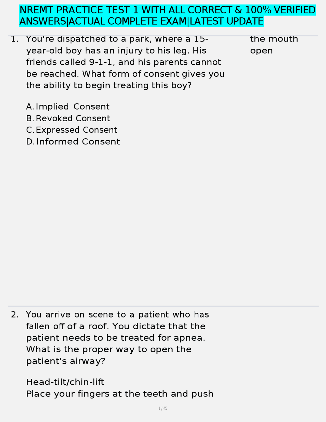 NREMT PRACTICE TEST 1 WITH ALL CORRECT & 100% VERIFIED ANSWERS|ACTUAL ...