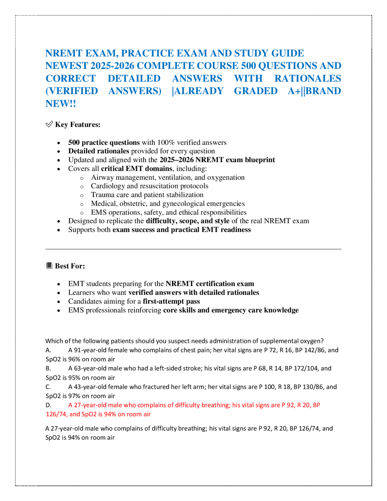 NREMT EXAM, PRACTICE EXAM AND STUDY GUIDE NEWEST 2025-2026 COMPLETE ...