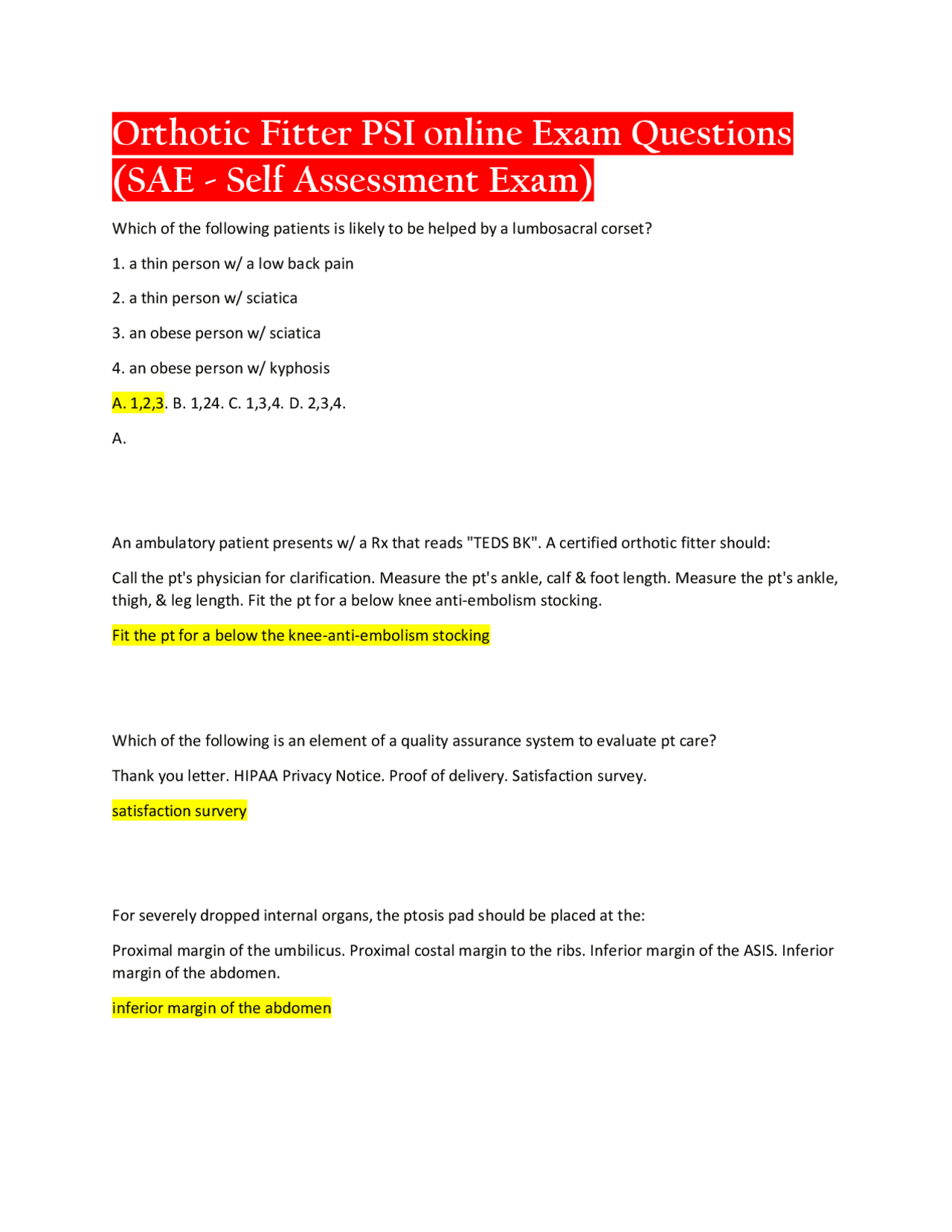 Orthotic Fitter PSI Online Exam Questions | Exams Nursing | Docsity