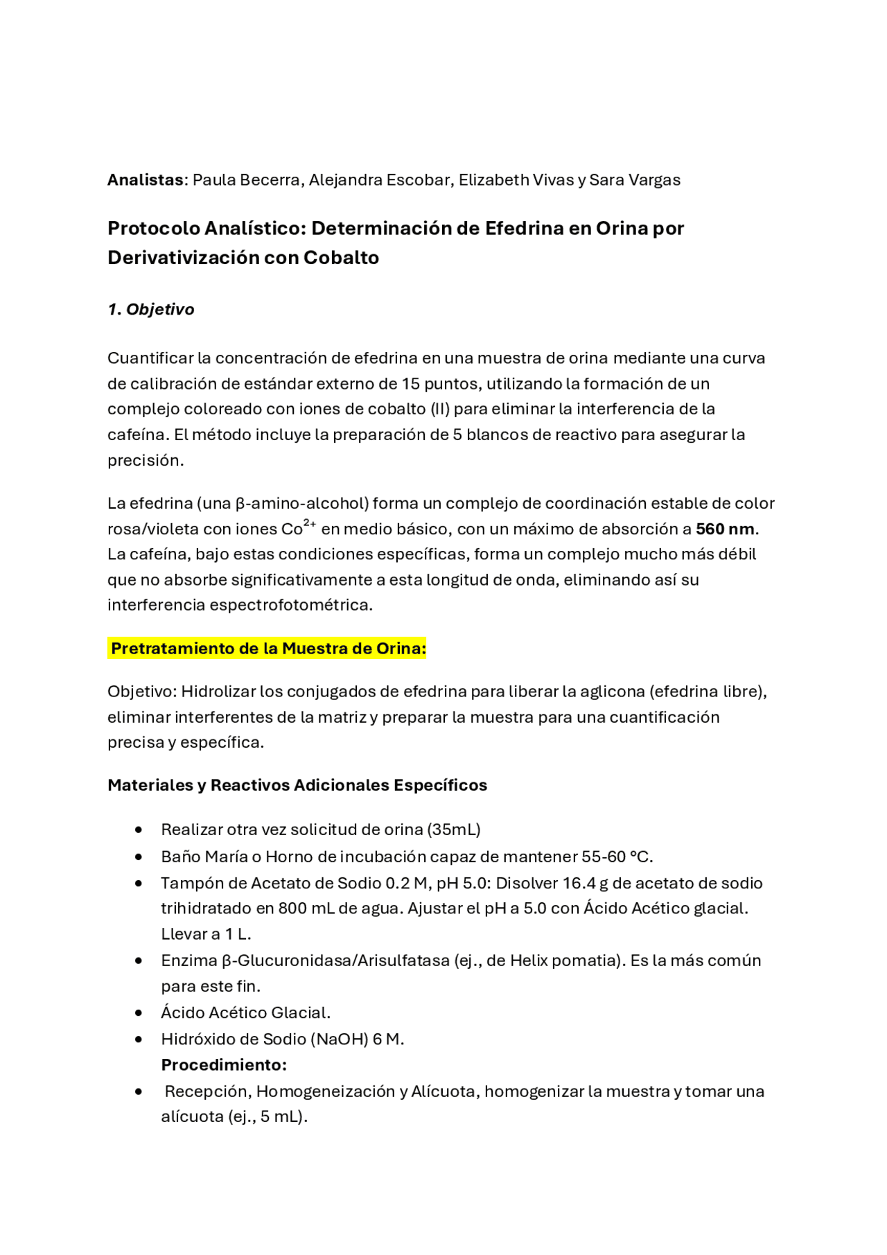 Protocolo para la determinación de efedrina en orina | Essays (high ...