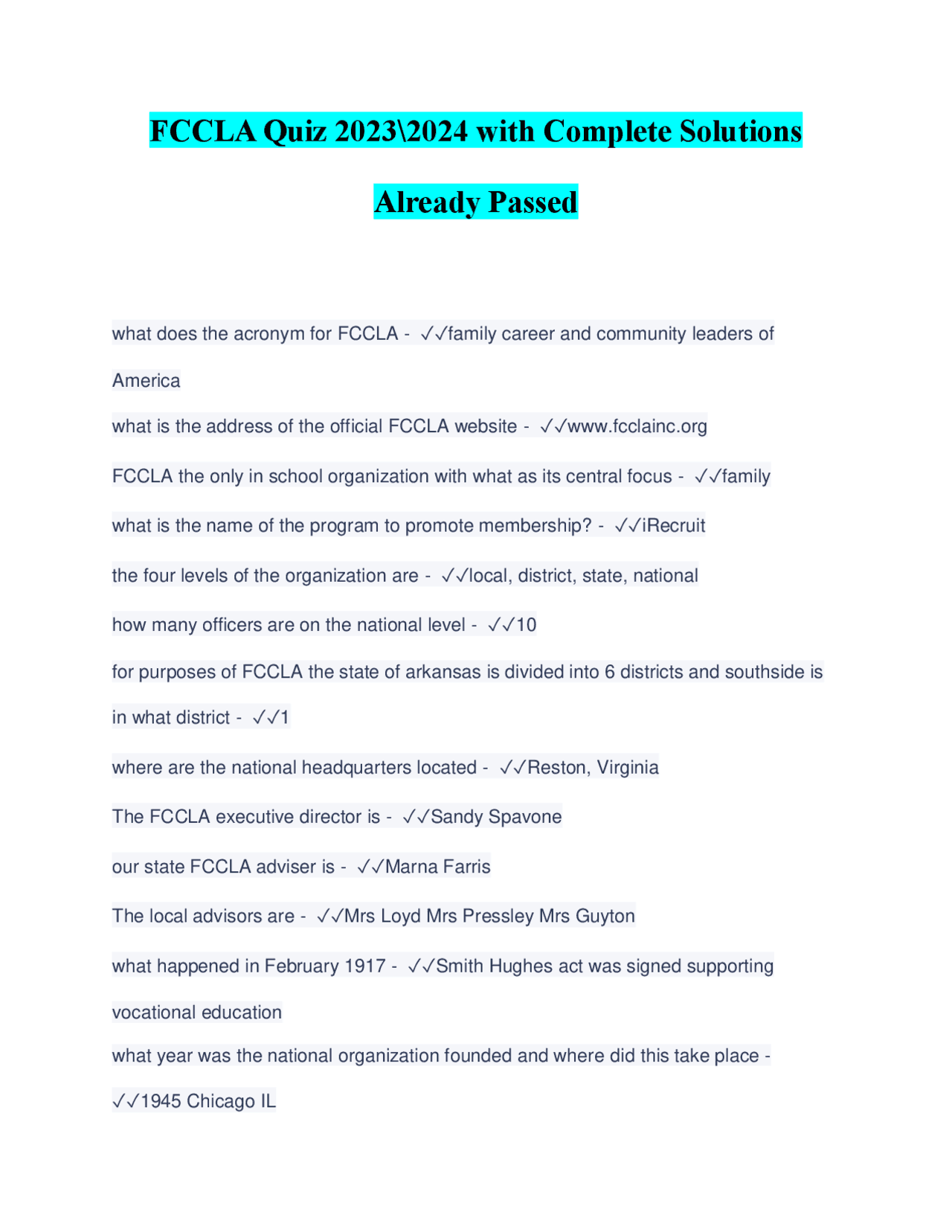 FCCLA Quiz 2023\2024 with Complete Solutions Already Passed | Exams ...