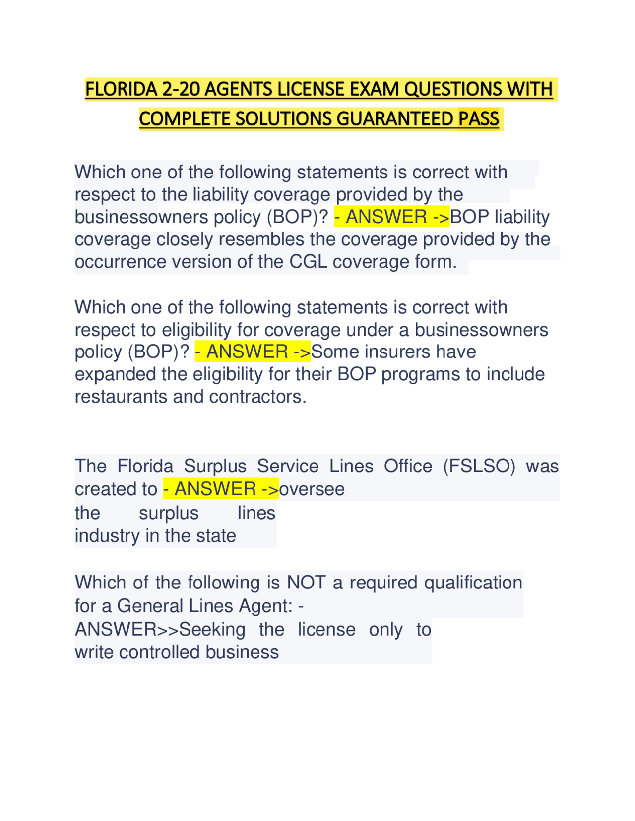 Florida 2-20 Agents License Exam: Questions and Solutions | Exams ...