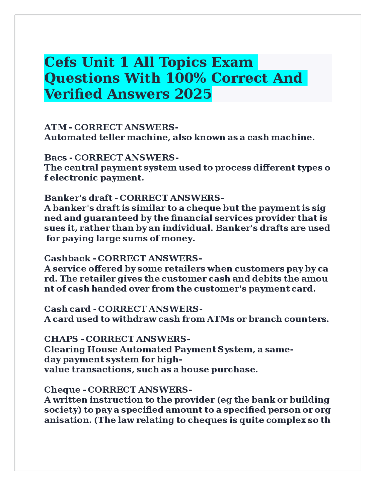 Cefs Unit 1 All Topics Exam Questions With 100% Correct And Verified ...