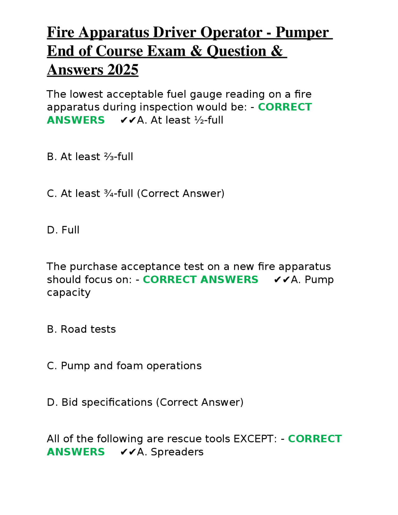 Fire Apparatus Driver Operator - Pumper: End of Course Exam Questions ...