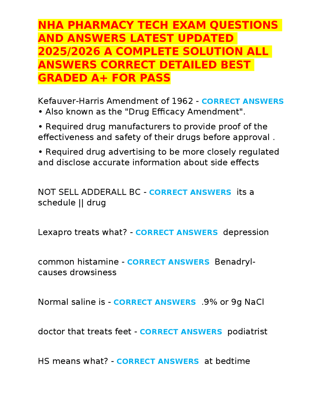 NHA Pharmacy Tech Exam Q&A: Complete Study Guide 2025/2026 | Exams ...