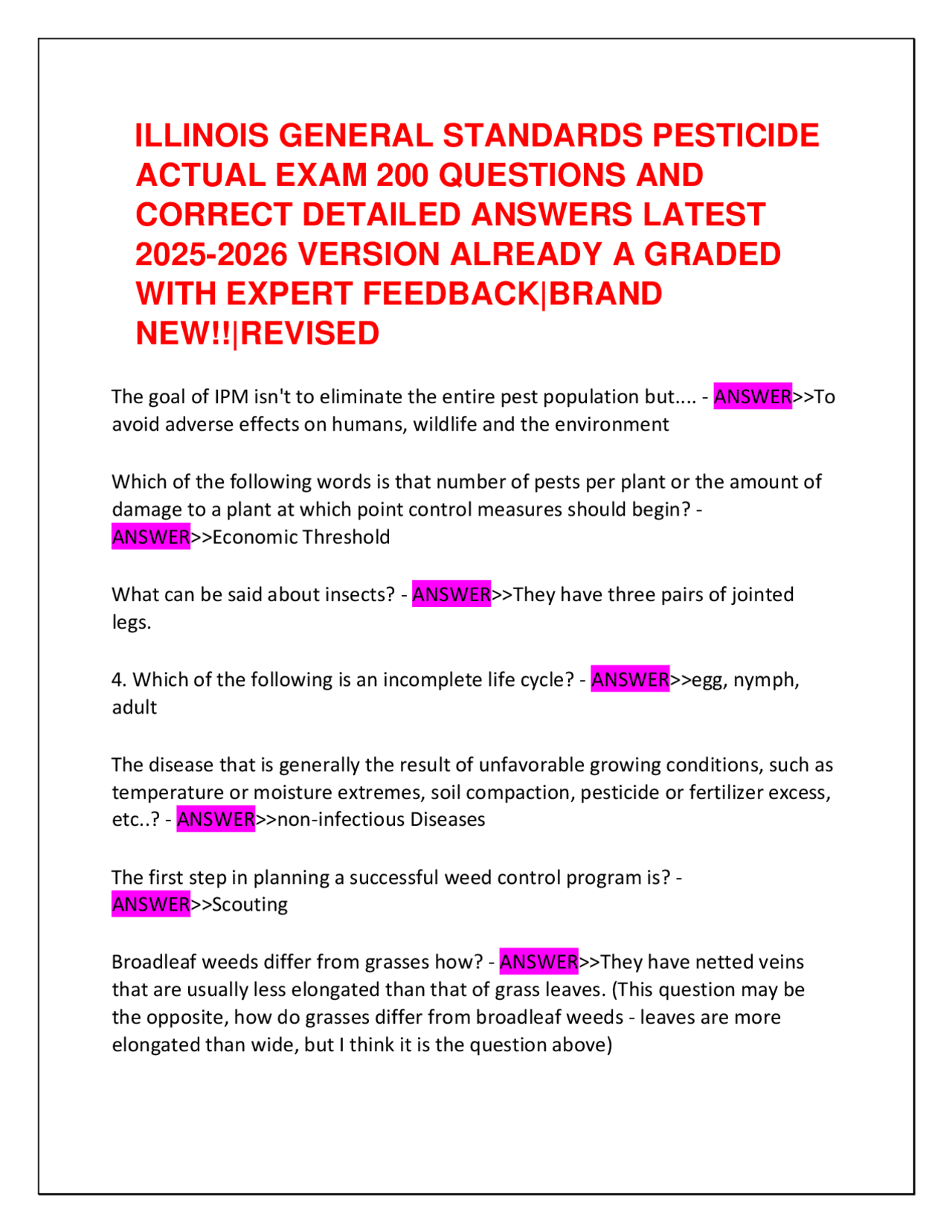 Illinois General Standards Pesticide Exam: 200 Questions and Answers ...