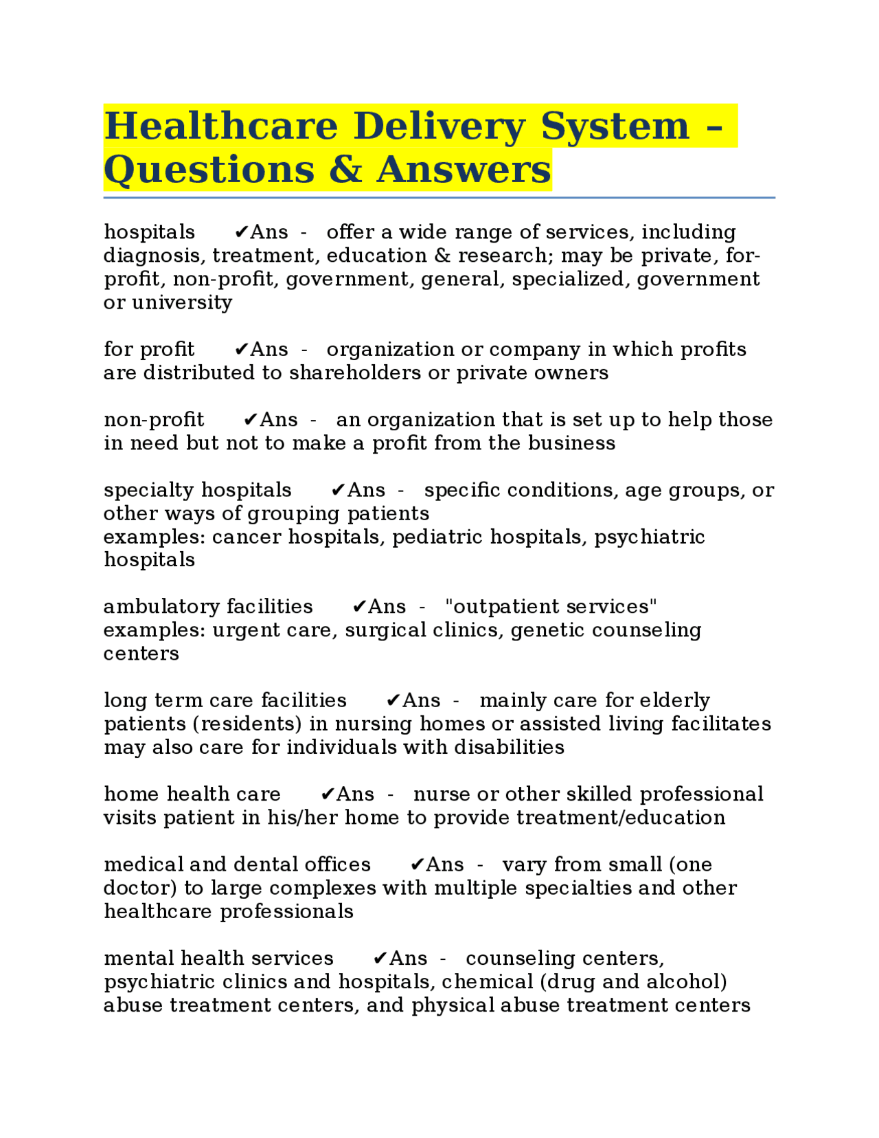 Healthcare Delivery Systems: Key Concepts Q&A | Exams Public Health ...