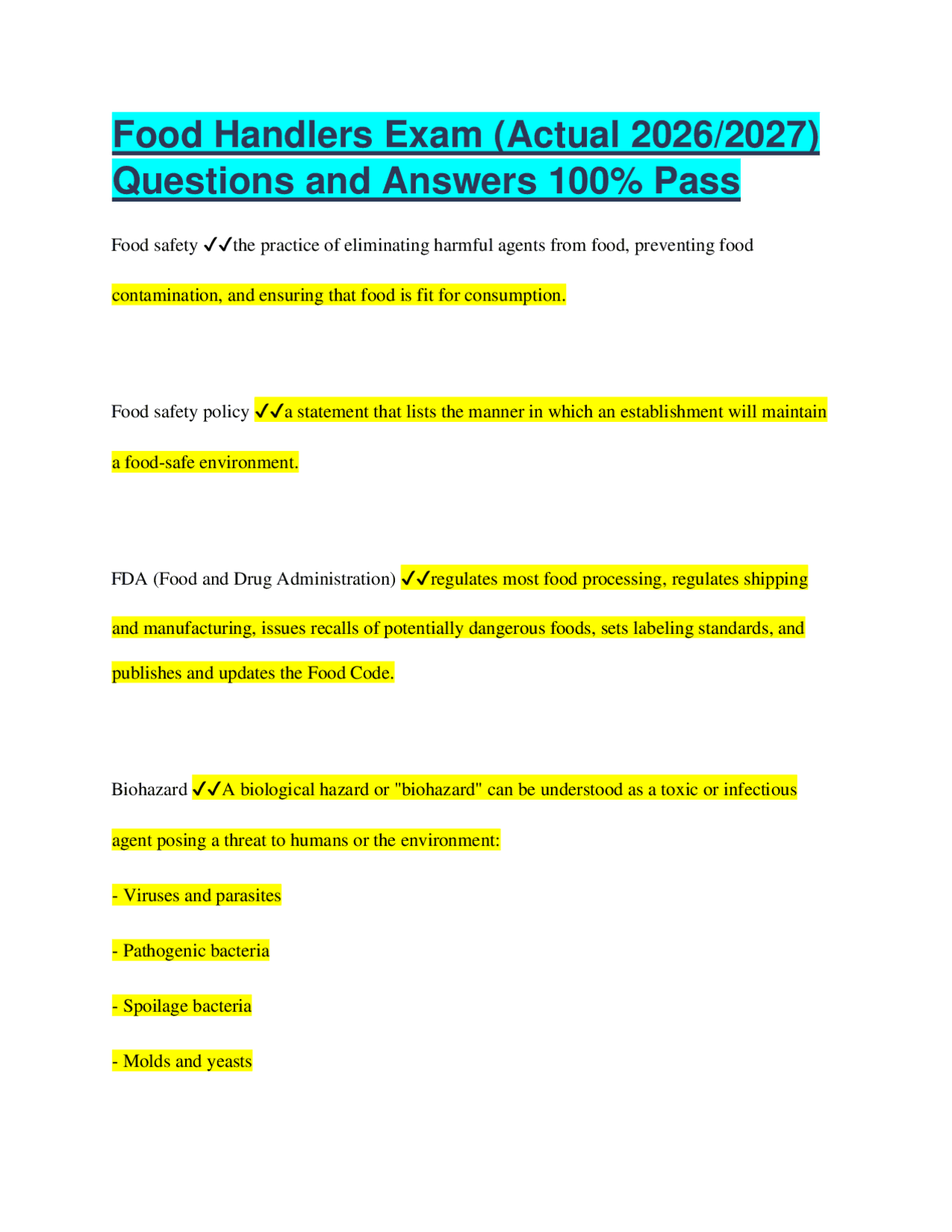 Food Handlers Exam (Actual 2026/2027) Questions and Answers 100% Pass ...