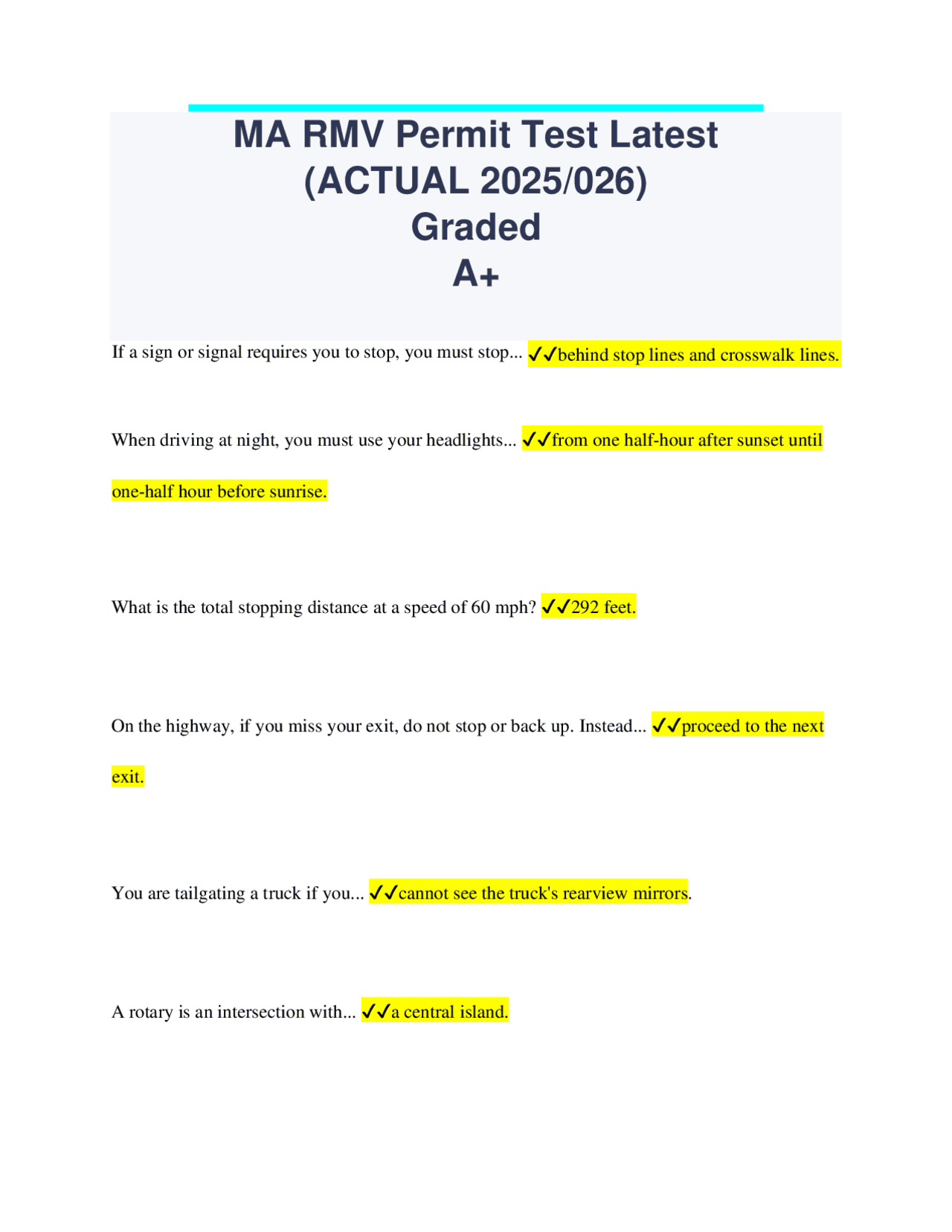 MA RMV Permit Test: 2025/2026 Actual Questions and Answers | Exams ...
