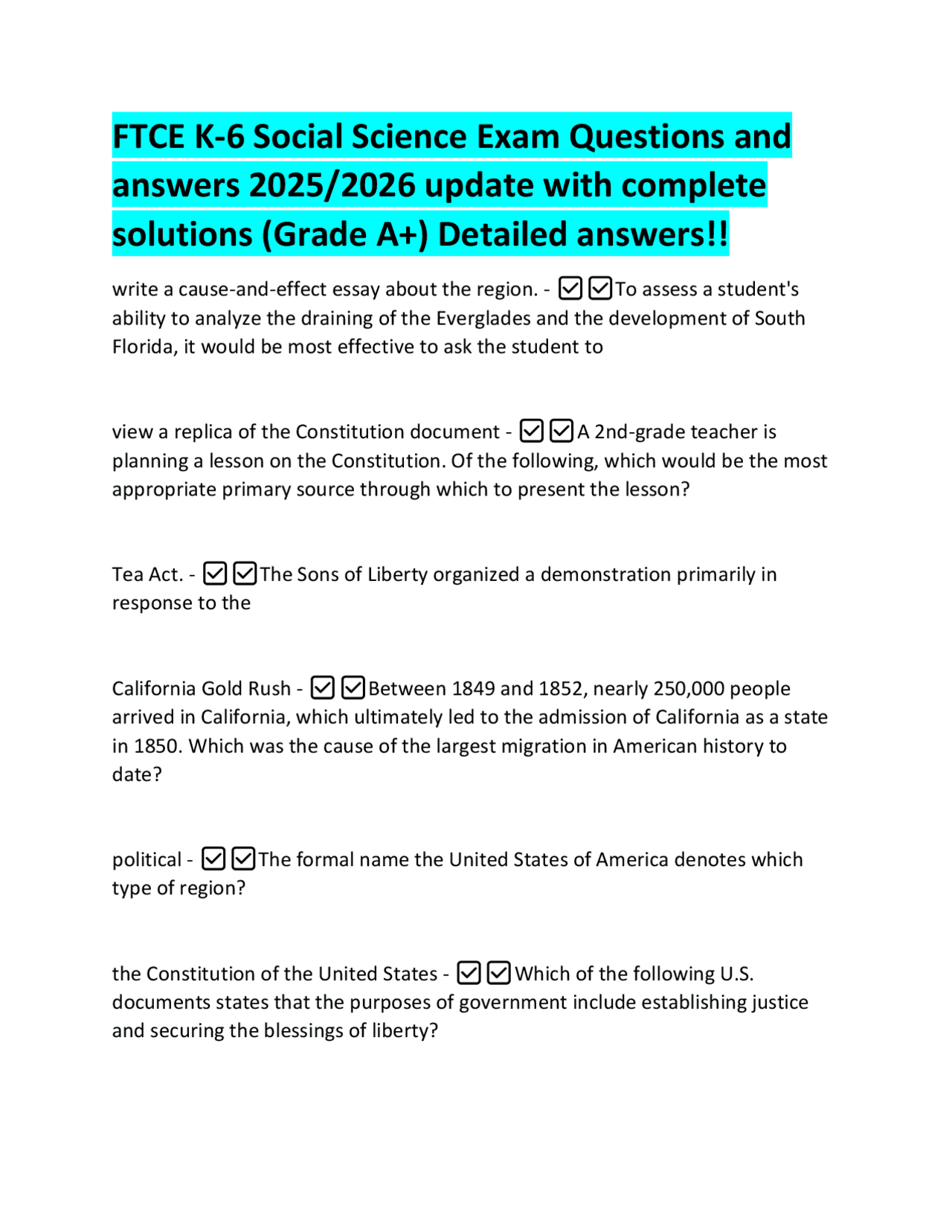 FTCE K-6 Social Science Exam: Questions and Answers 2025/2026 | Exams ...