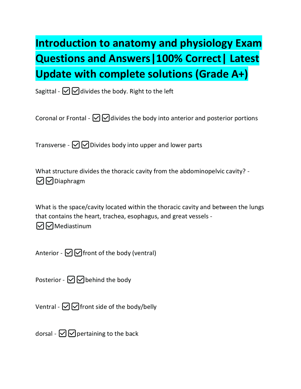 Introduction to anatomy and physiology Exam Questions and Answers|100% ...