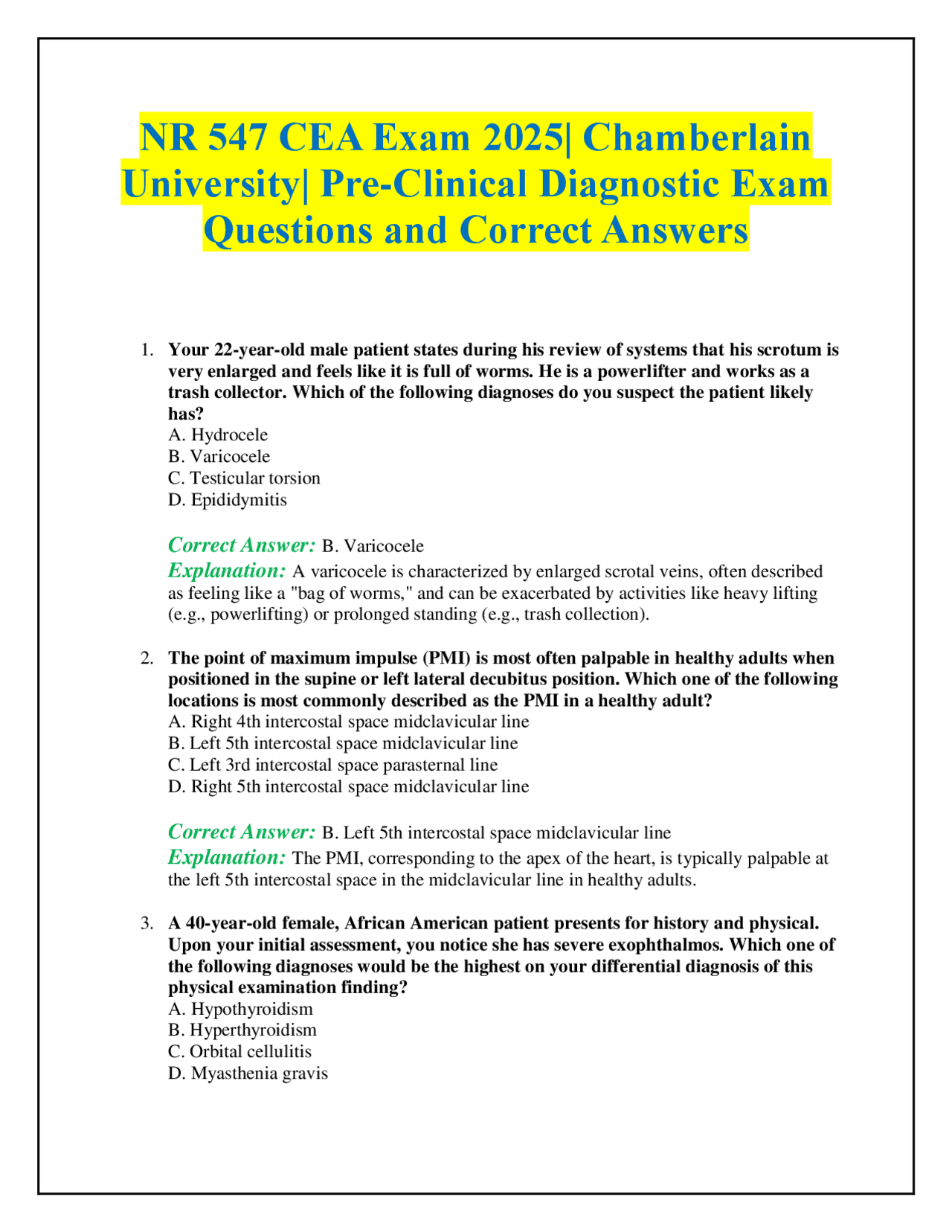 NR 547 CEA Exam 2025 – Chamberlain University | Pre-Clinical Diagnostic ...