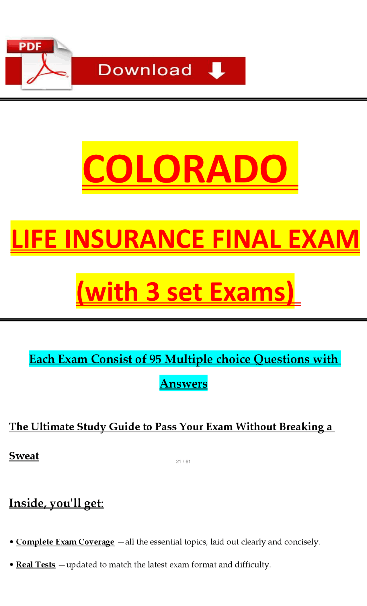 Colorado Life Insurance Final Exam Practice Questions | Exams Nursing ...