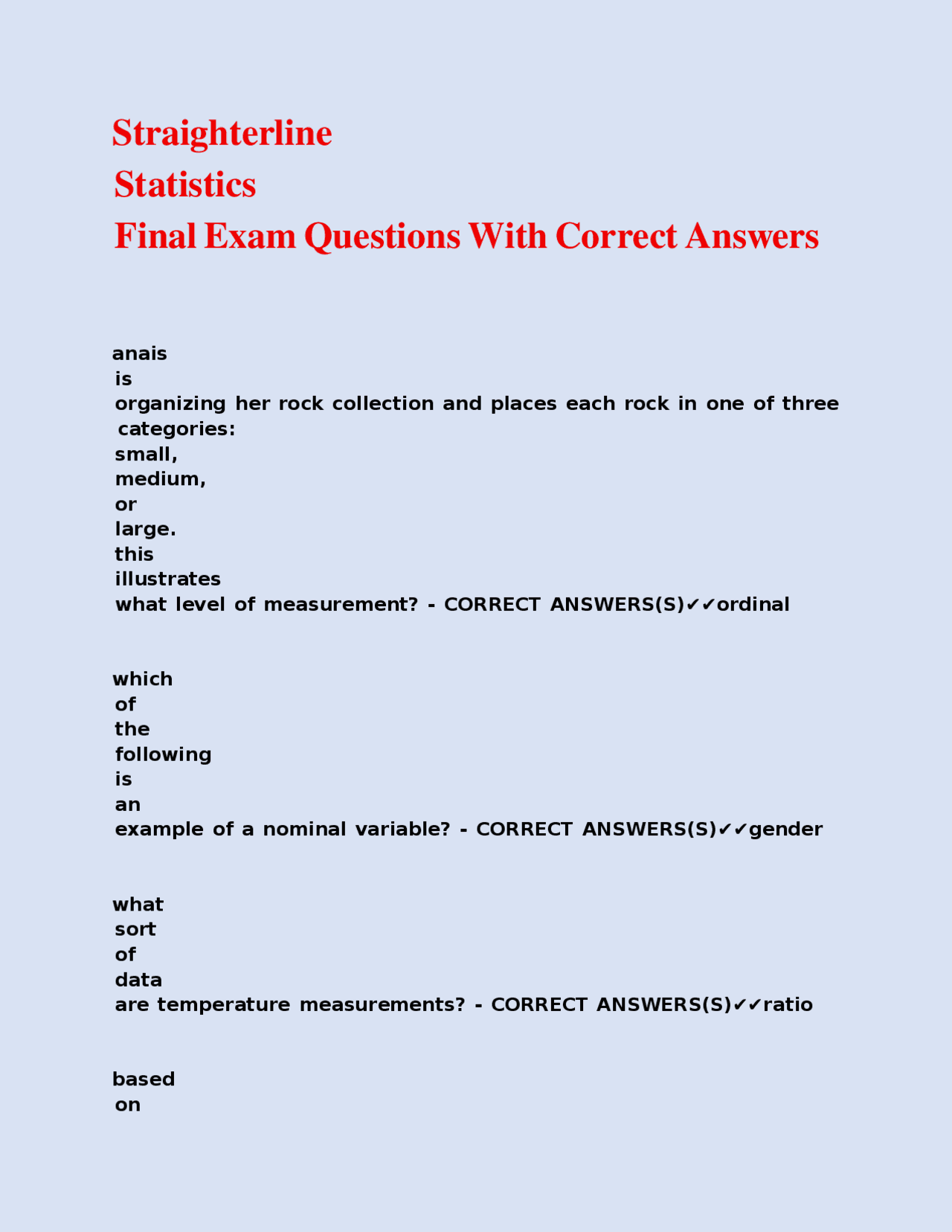 Straighterline Statistics Final Exam Questions With Correct Answers ...