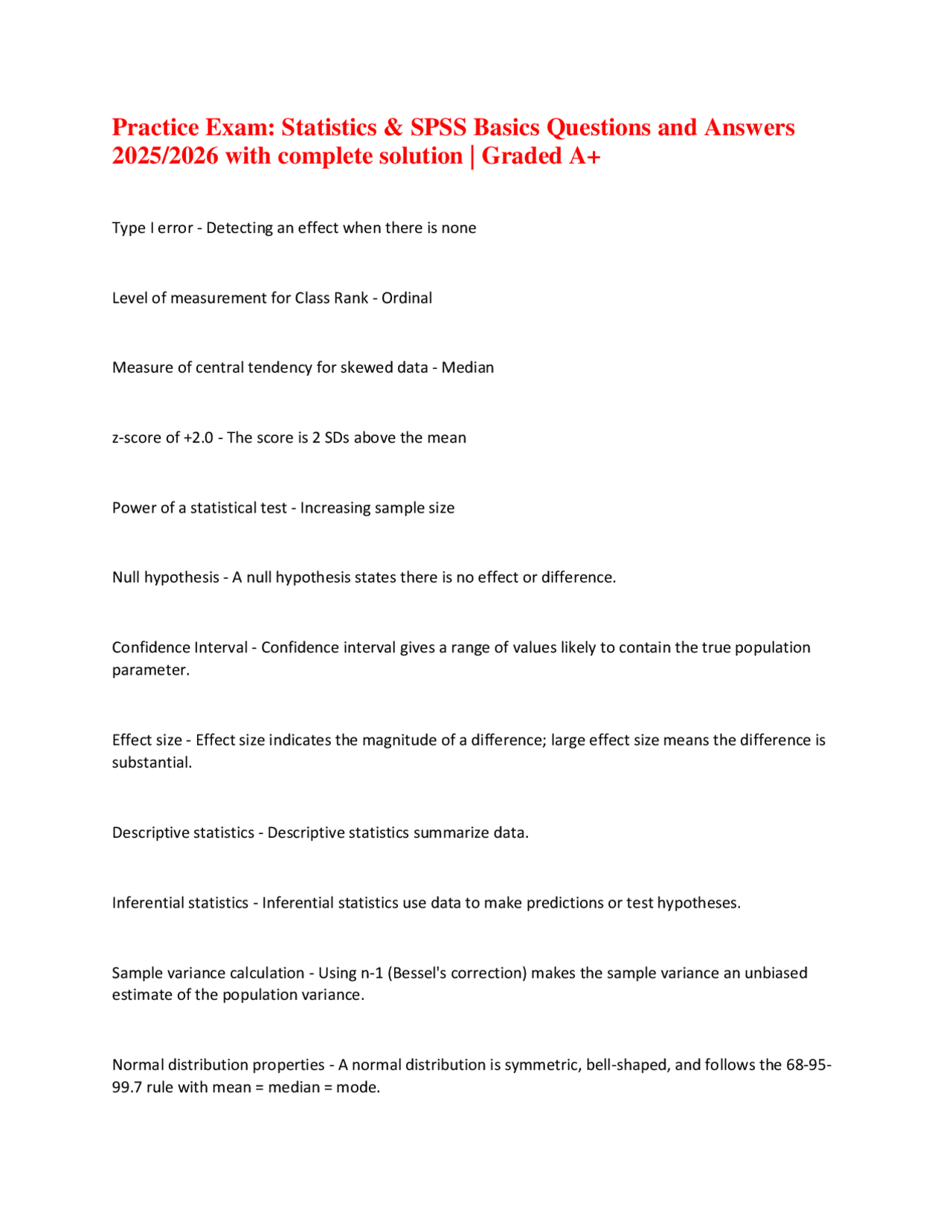 Practice Exam: Statistics & SPSS Basics Questions and Answers 2025/2026 ...